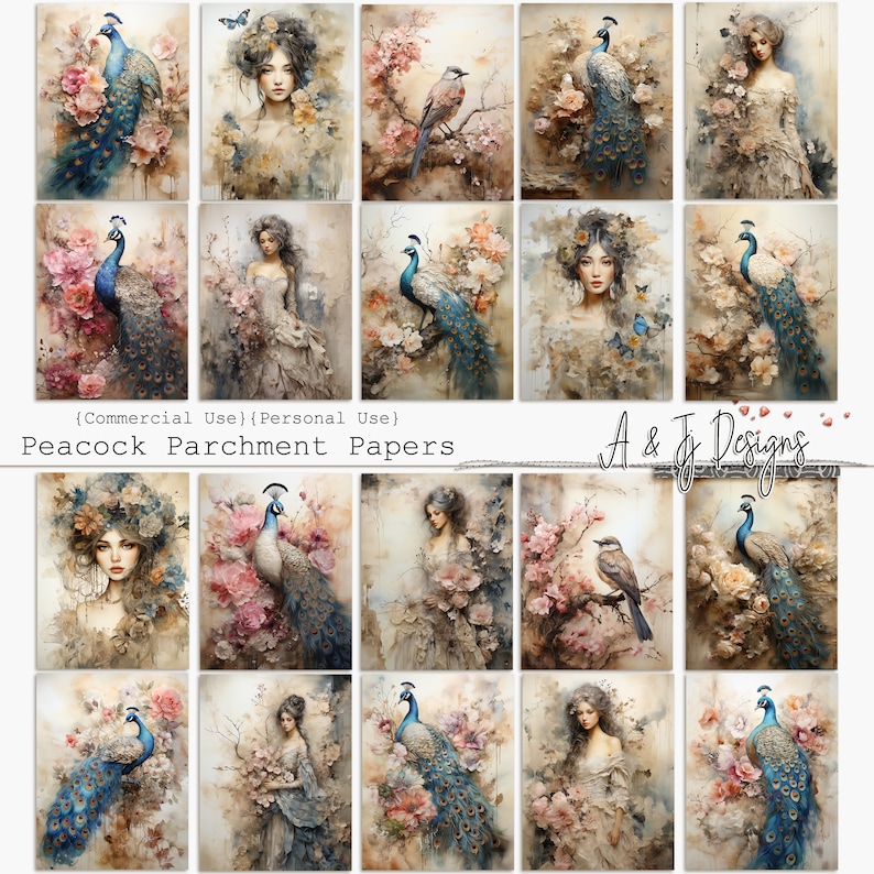 Peacock Parchment Papers, CU, Printables, Junk Journals, Mixed Media ...