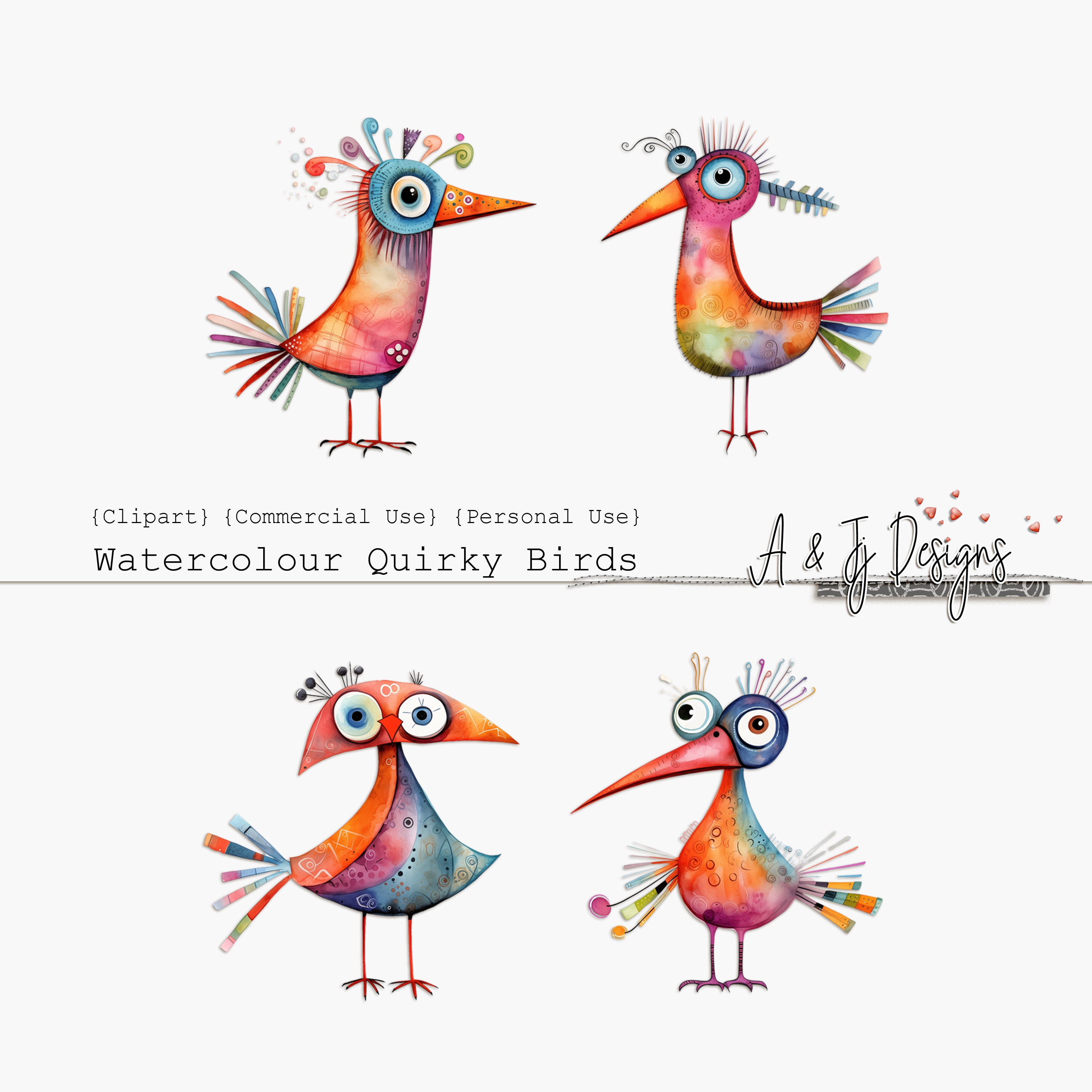 Watercolour Quirky Birds, Clipart, CU, Printables, Junk Journals, Mixed ...