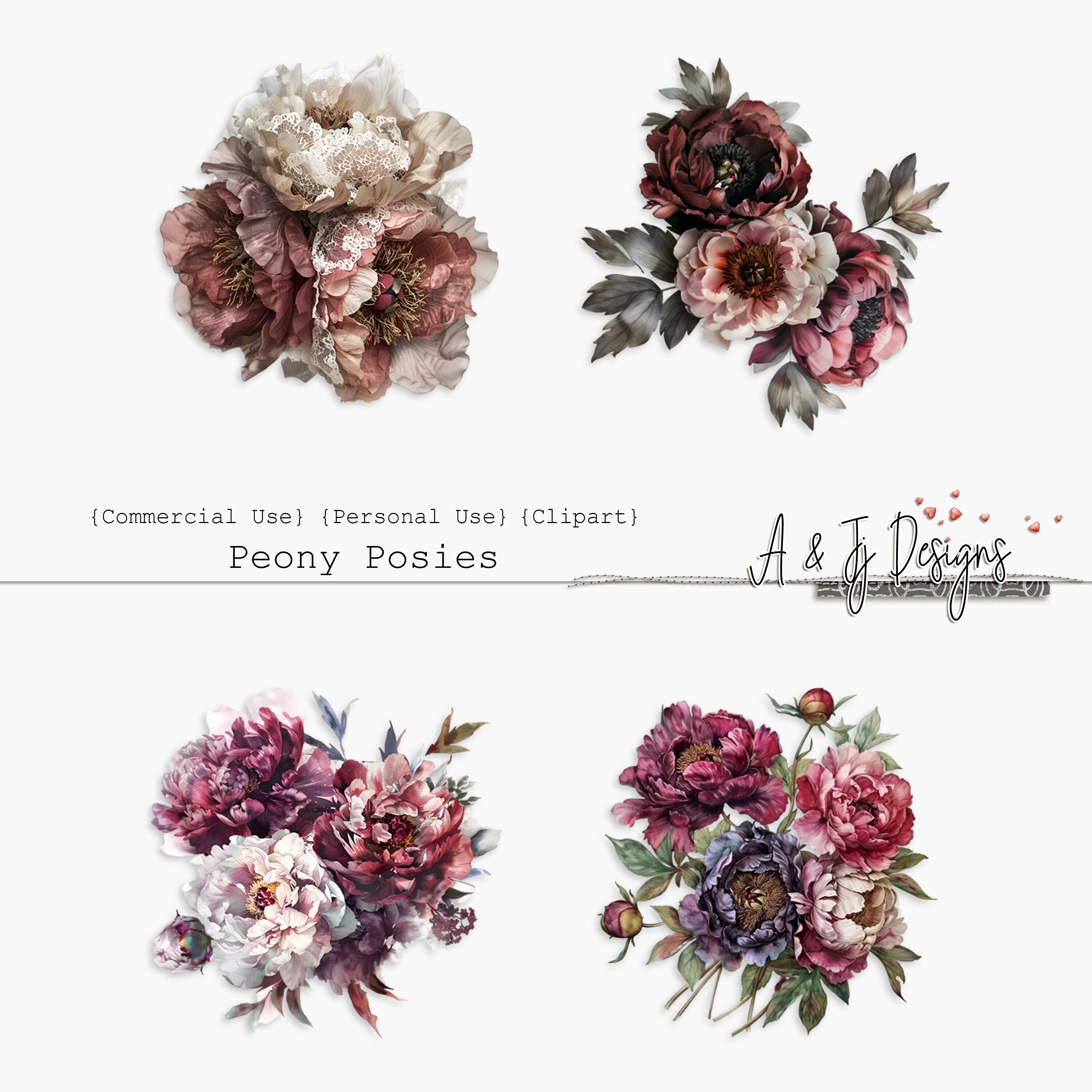 Peony Posies, Clipart, Commercial Use , Printable, Junk Journals, Mixed ...