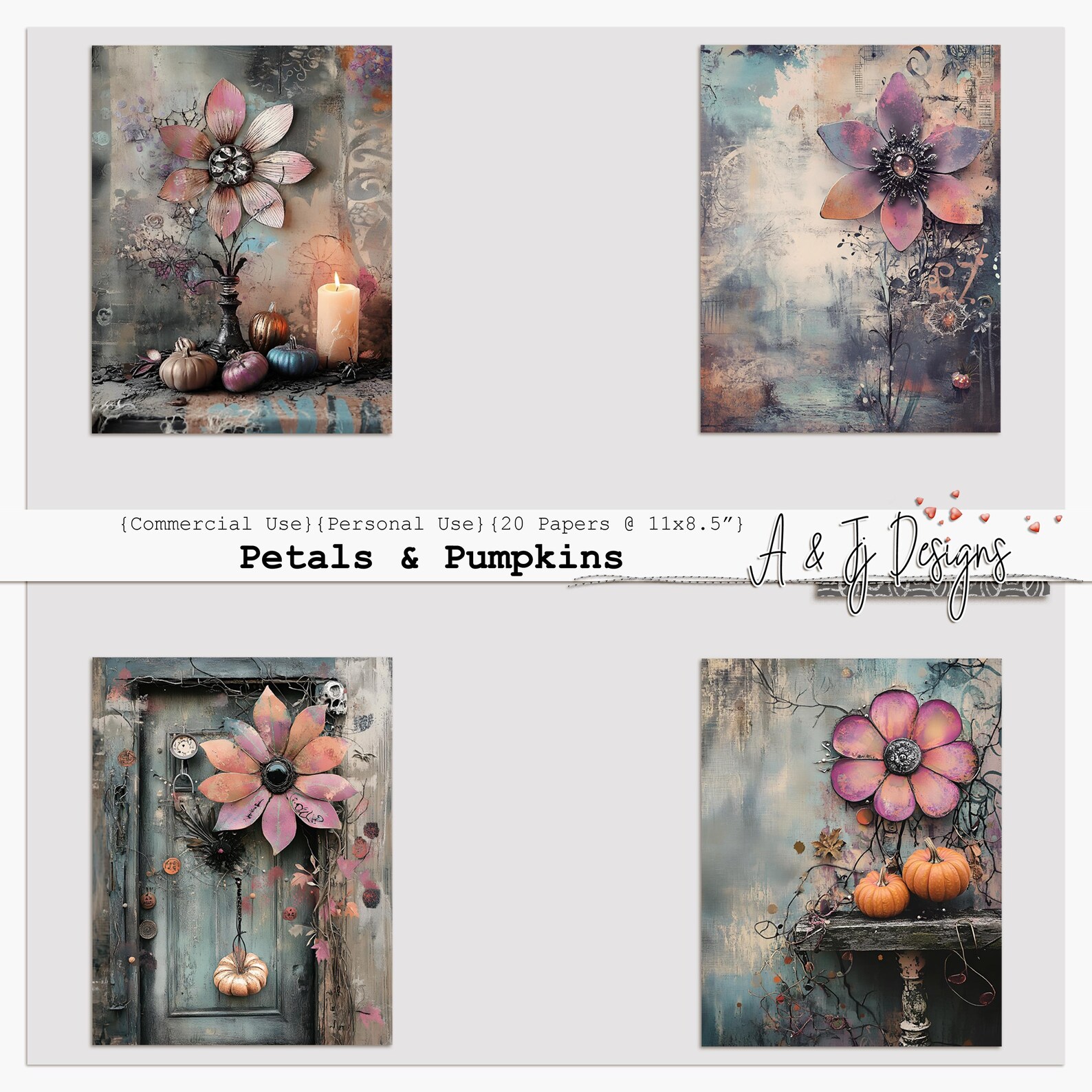 Petals & Pumpkins, Autumn Floral and Pumpkin Designs, 20 Papers for Junk Journals, Scrapbooking ...