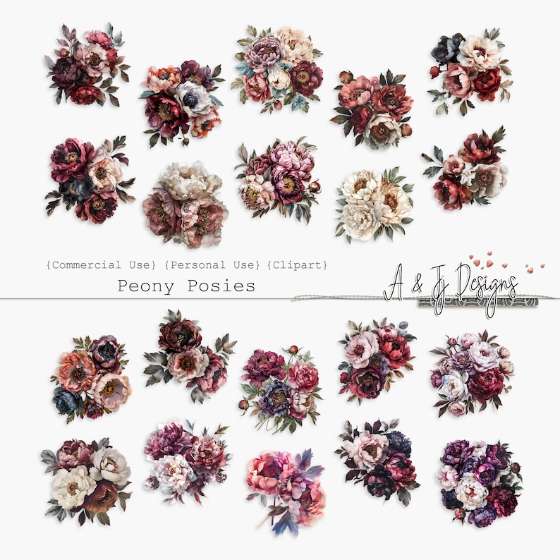 Peony Posies, Clipart, Commercial Use , Printable, Junk Journals, Mixed ...