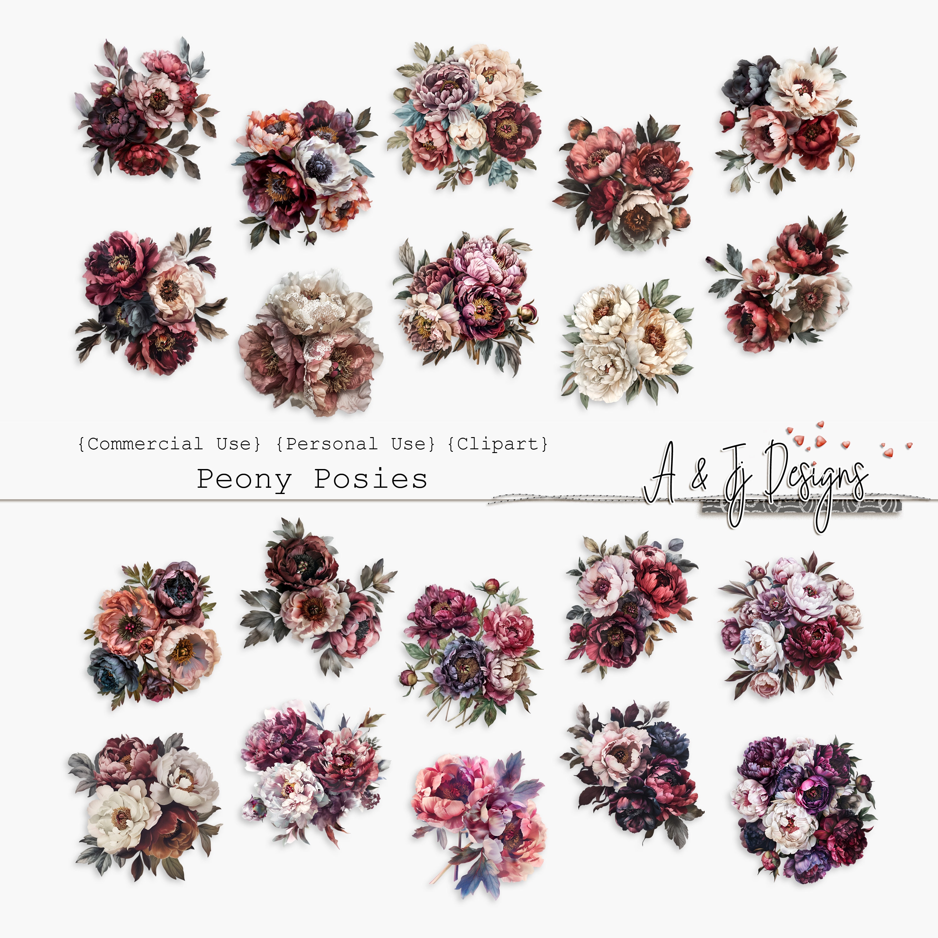 Peony Posies, Clipart, Commercial Use , Printable, Junk Journals, Mixed ...
