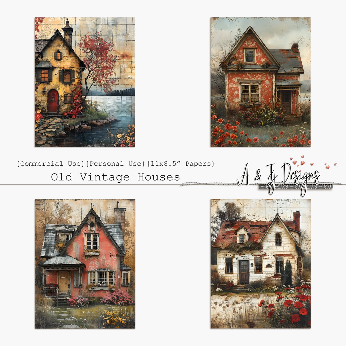 Old Vintage Houses Papers, CU, PU, Printable, 11x8.5", JPG, Junk ...