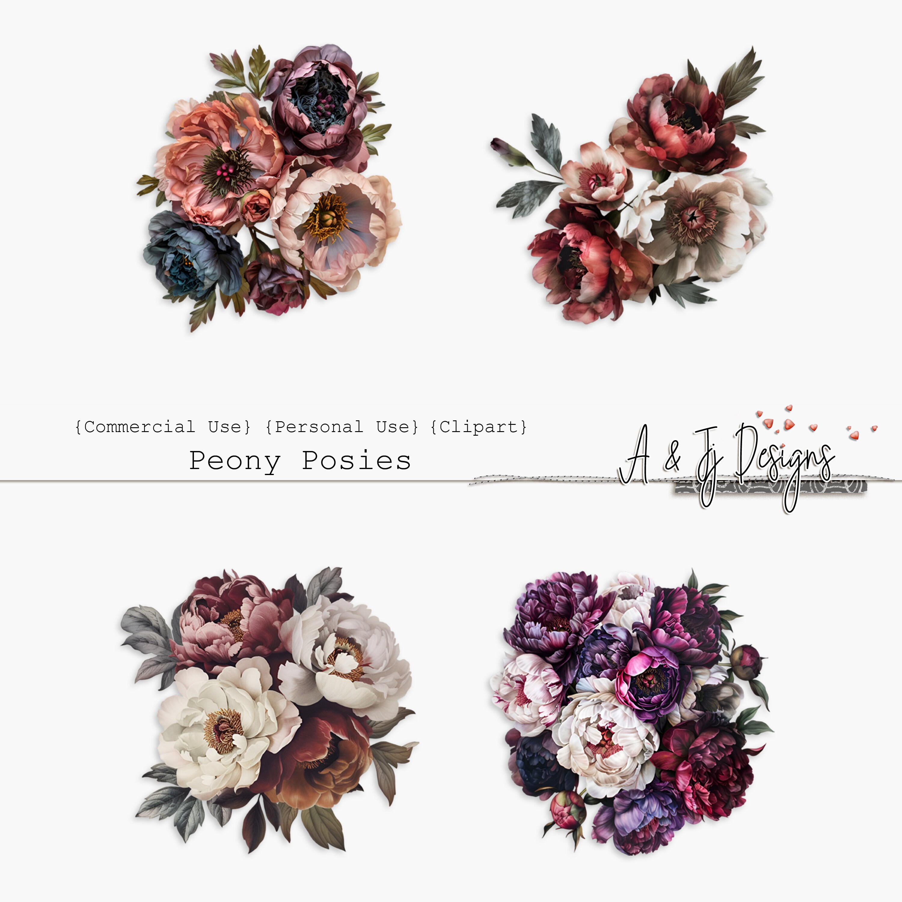 Peony Posies, Clipart, Commercial Use , Printable, Junk Journals, Mixed ...