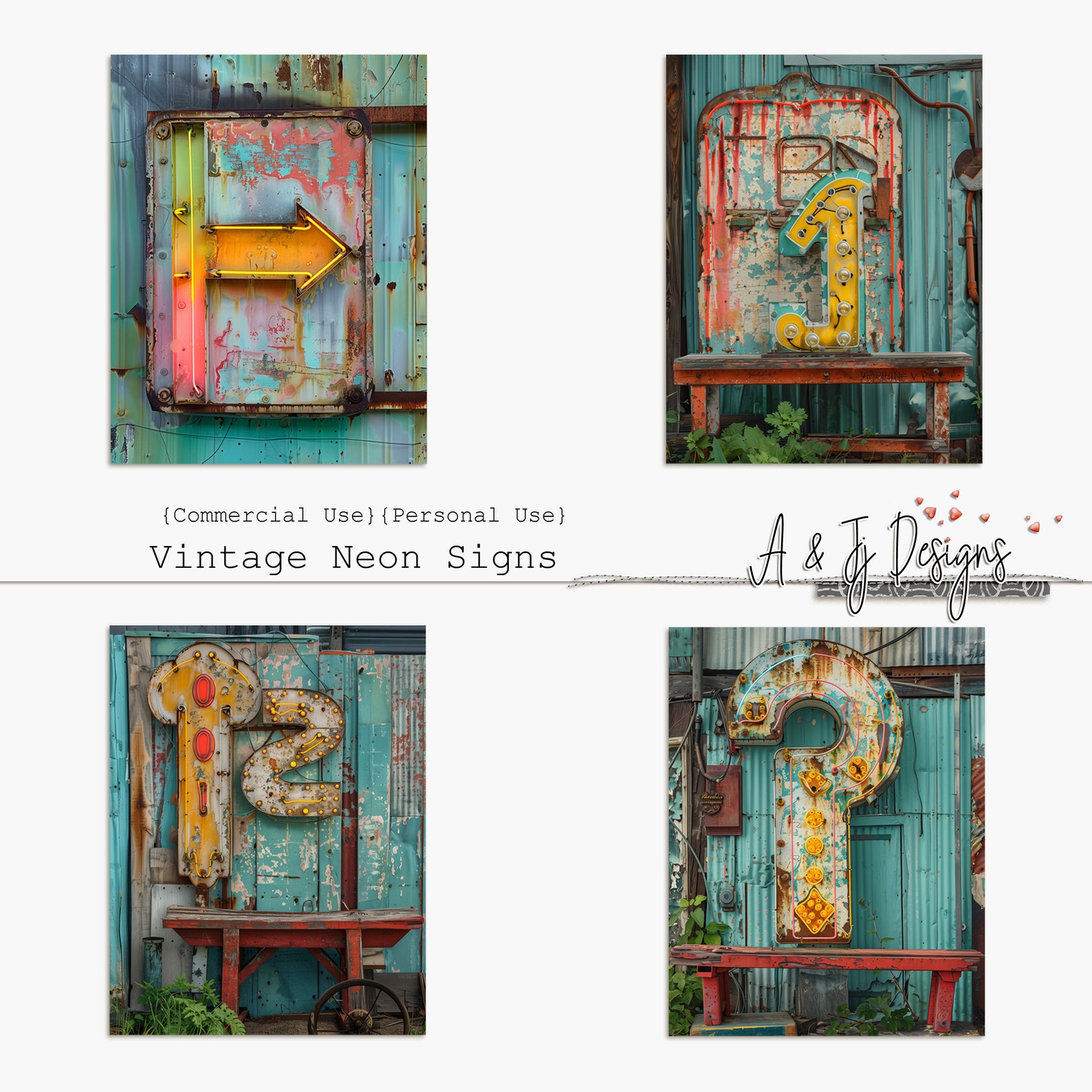 Vintage Neon Signs, Commercial Use, Printable, Ephemera, Papers, JPG ...