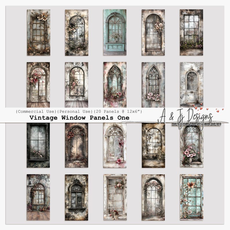 Vintage Window Panels One, 12x6", Junk Journal Pages, Commercial Use ...