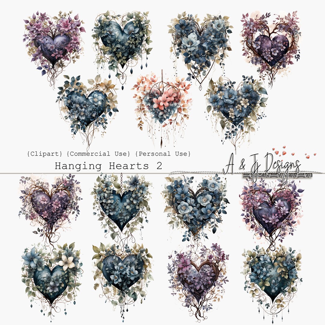 Hanging Hearts 2, Clipart, CU, Printables, Junk Journals, Mixed Media ...