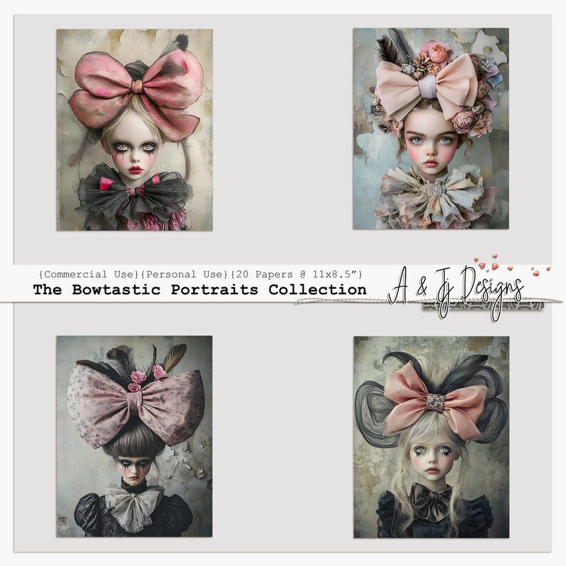 The Bowtastic Portraits Collection, 20 Digital Papers, Whimsical Bows ...