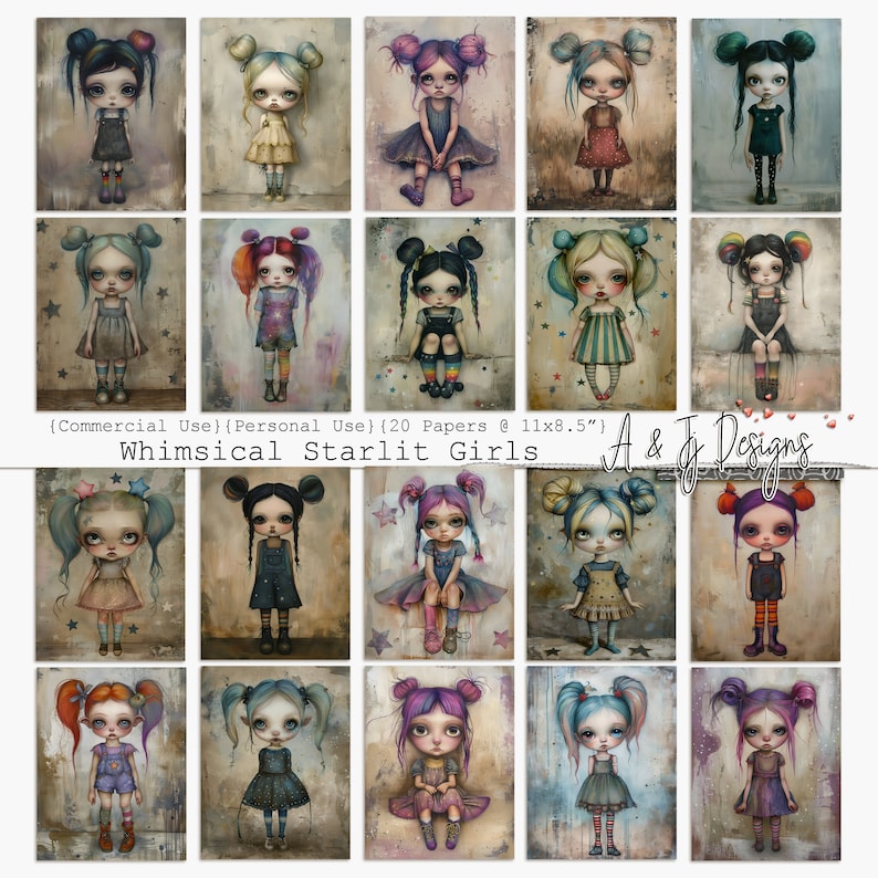 Whimsical Starlit Girls, 20 Junk Journal Papers, Scrapbooking ...