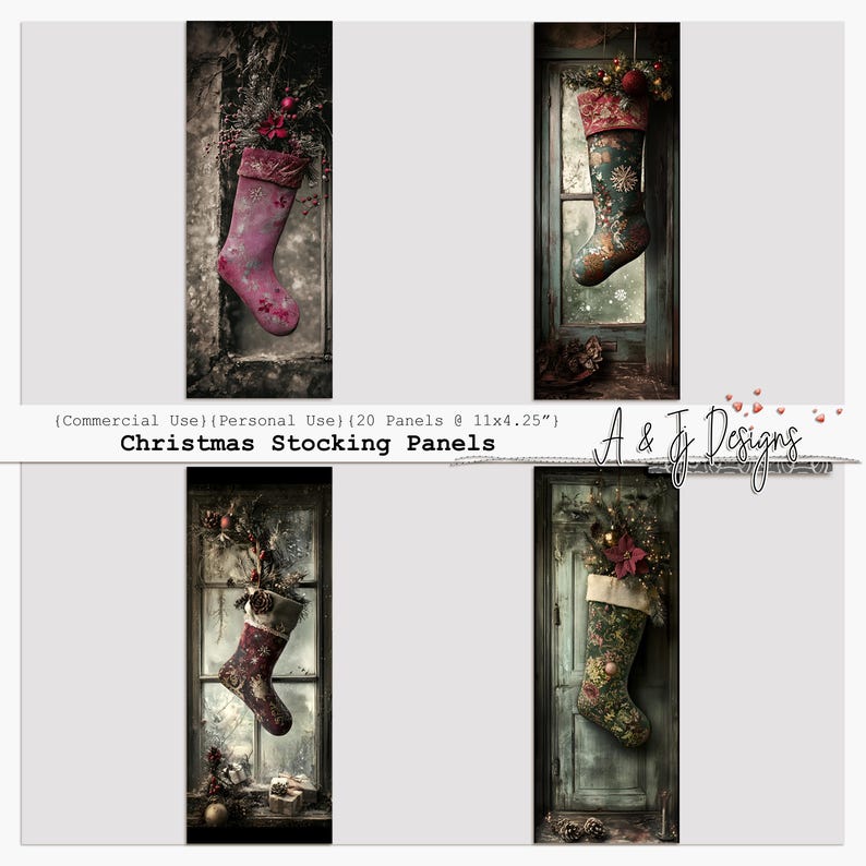 Christmas Stocking Panels, Bookmarks, Digital Holiday Scrapbook Papers ...