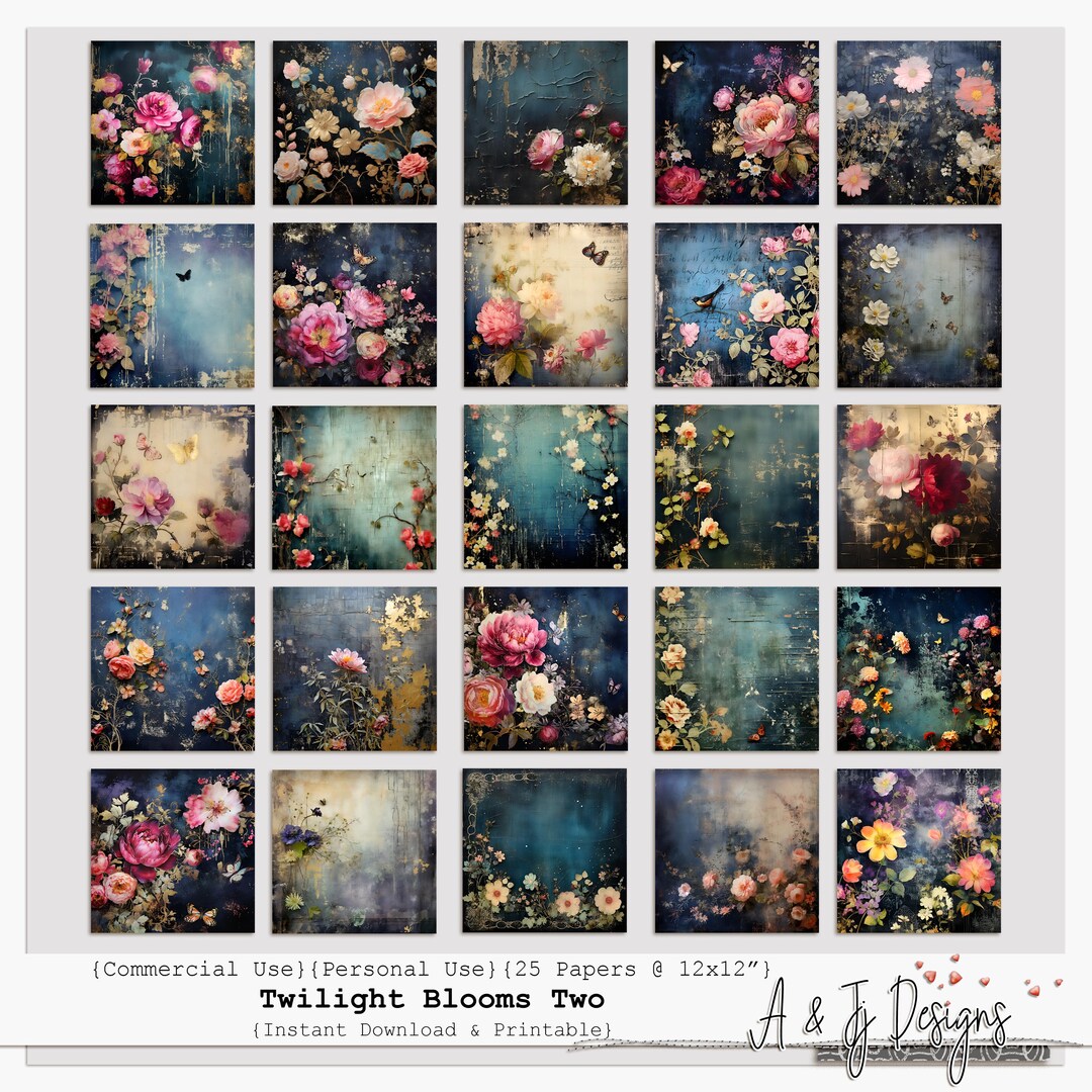 Twilight Blooms Two | 25 Floral Digital Papers 12x12 | Dark Romantic ...