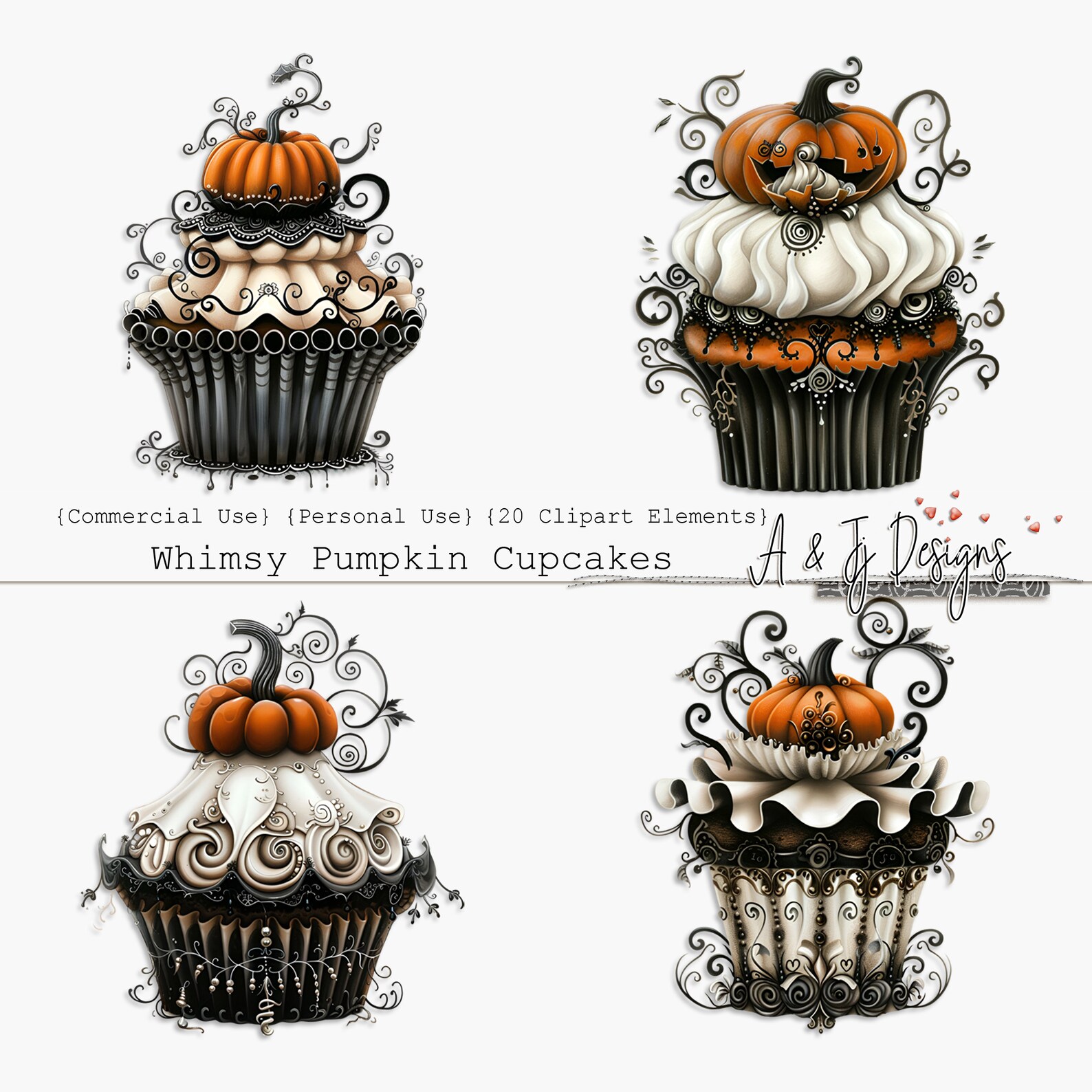 Whimsy Pumpkin Cupcakes Clipart Elements, Commercial Use, Halloween ...