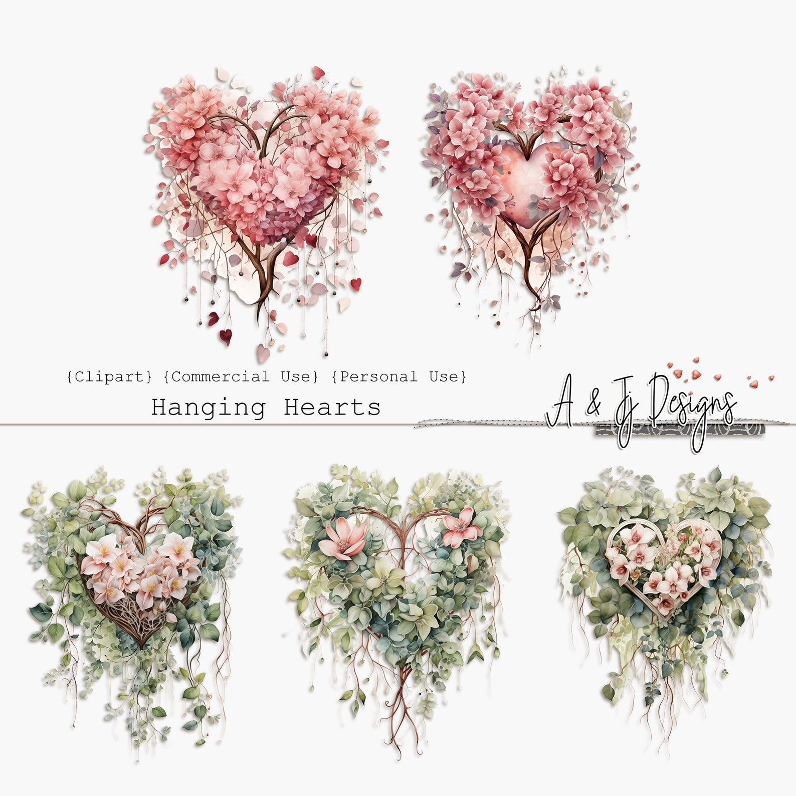 Hanging Hearts, Clipart, CU, Printables, Junk Journals, Mixed Media ...