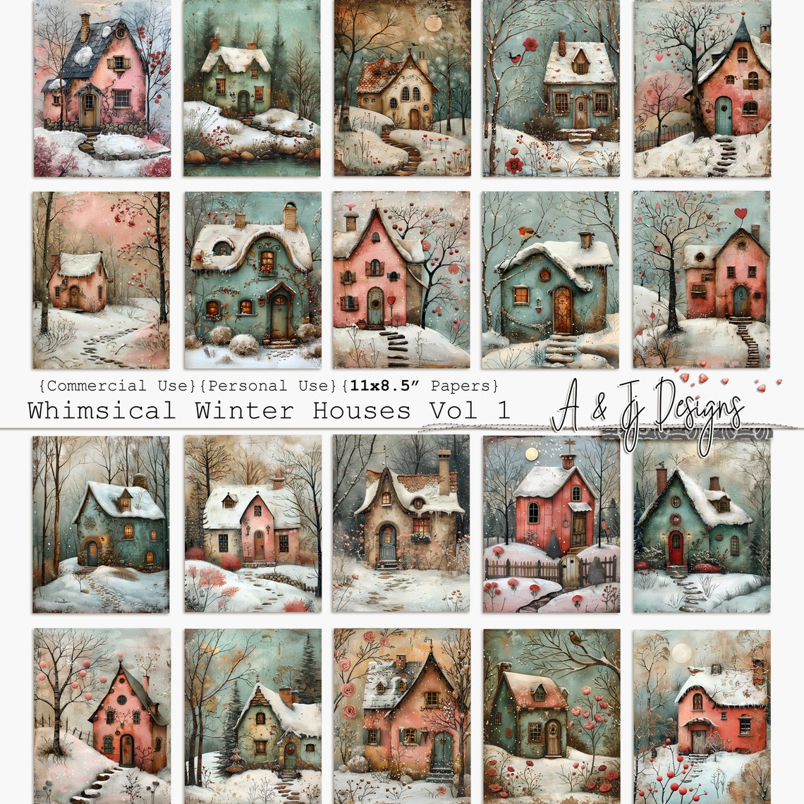 Whimsical Winter Houses Vol 1 Papers, Commercial Use, Printable, 11x8.5 ...
