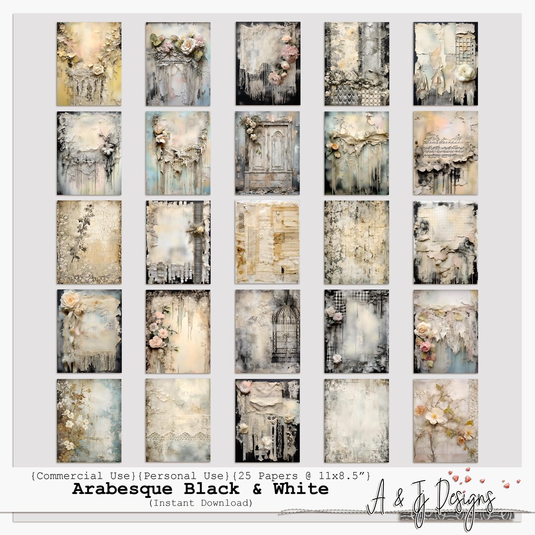 Arabesque Black & White Junk | Journal Pages | Grunge Floral Digital ...