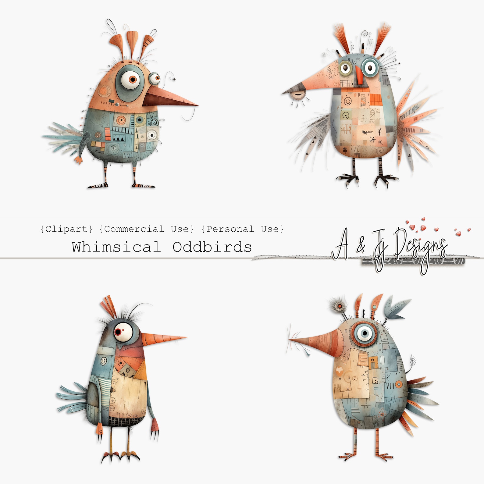Whimsical Oddbirds, Clipart, CU, Printables, Junk Journals, Mixed Media ...