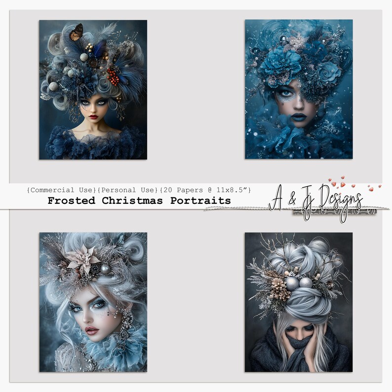 Frosted Christmas Portraits, Vintage Winter Digital Papers, Christmas ...