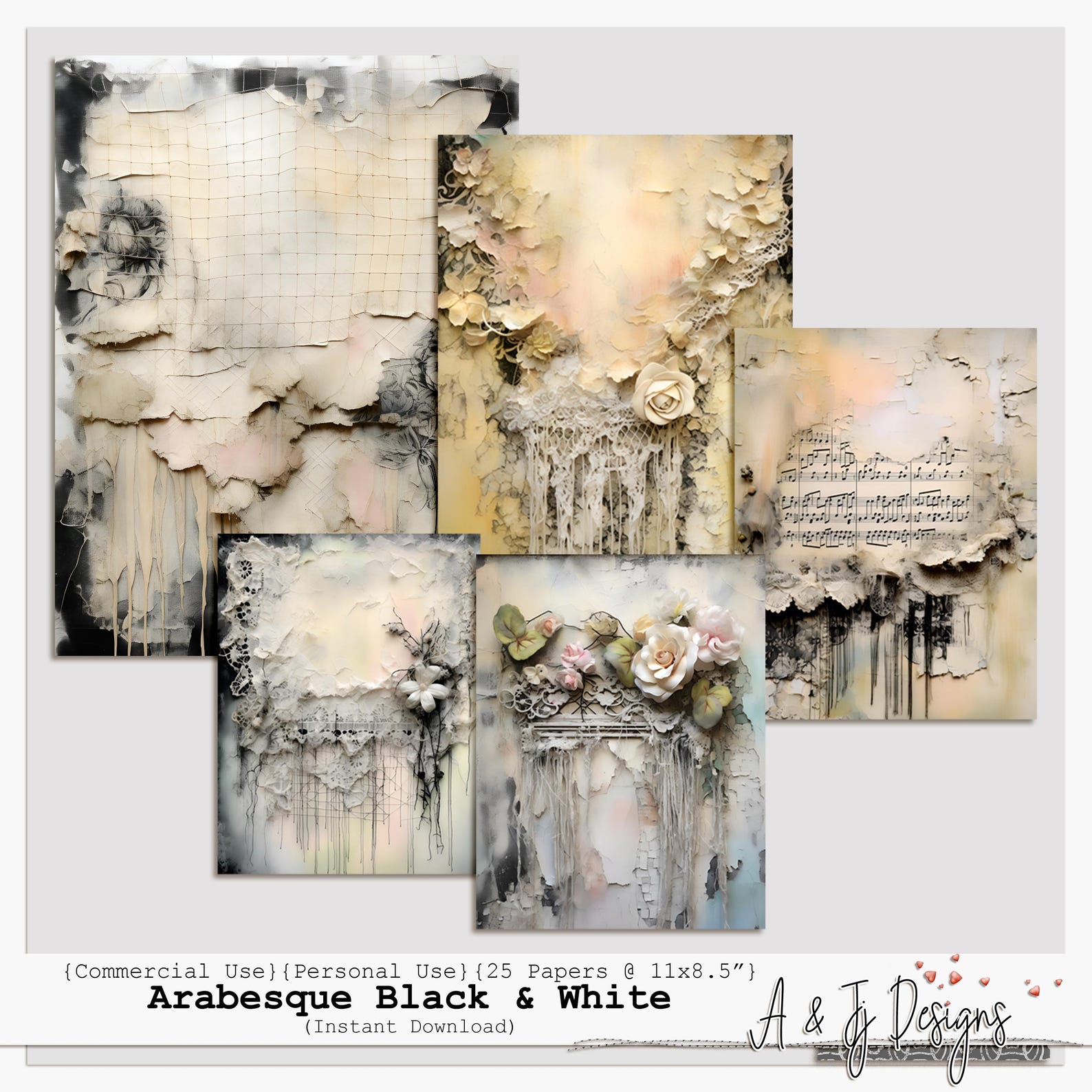 Arabesque Black & White Junk | Journal Pages | Grunge Floral Digital ...