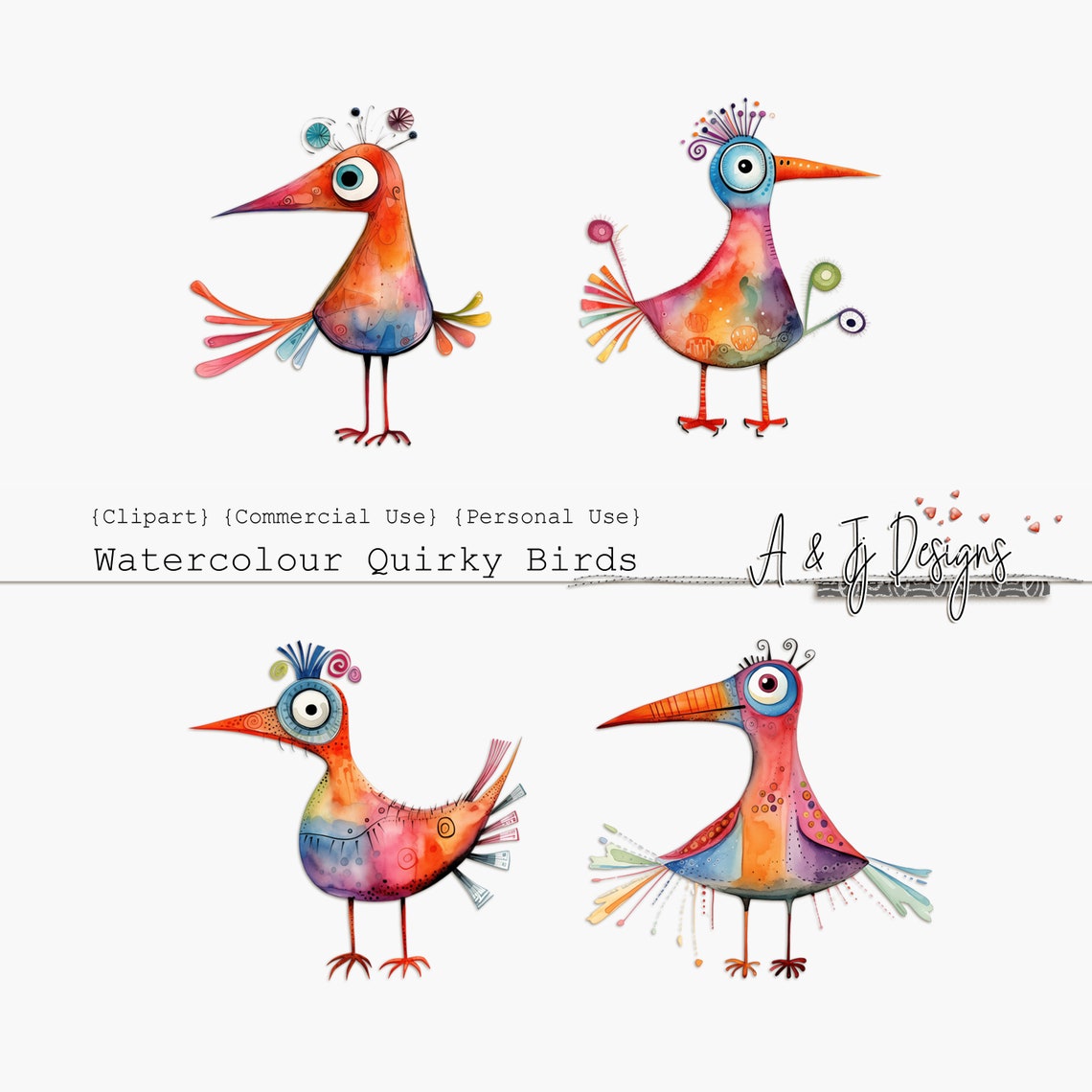 Watercolour Quirky Birds, Clipart, CU, Printables, Junk Journals, Mixed ...