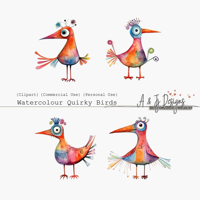 Watercolour Quirky Birds, Clipart, CU, Printables, Junk Journals, Mixed ...