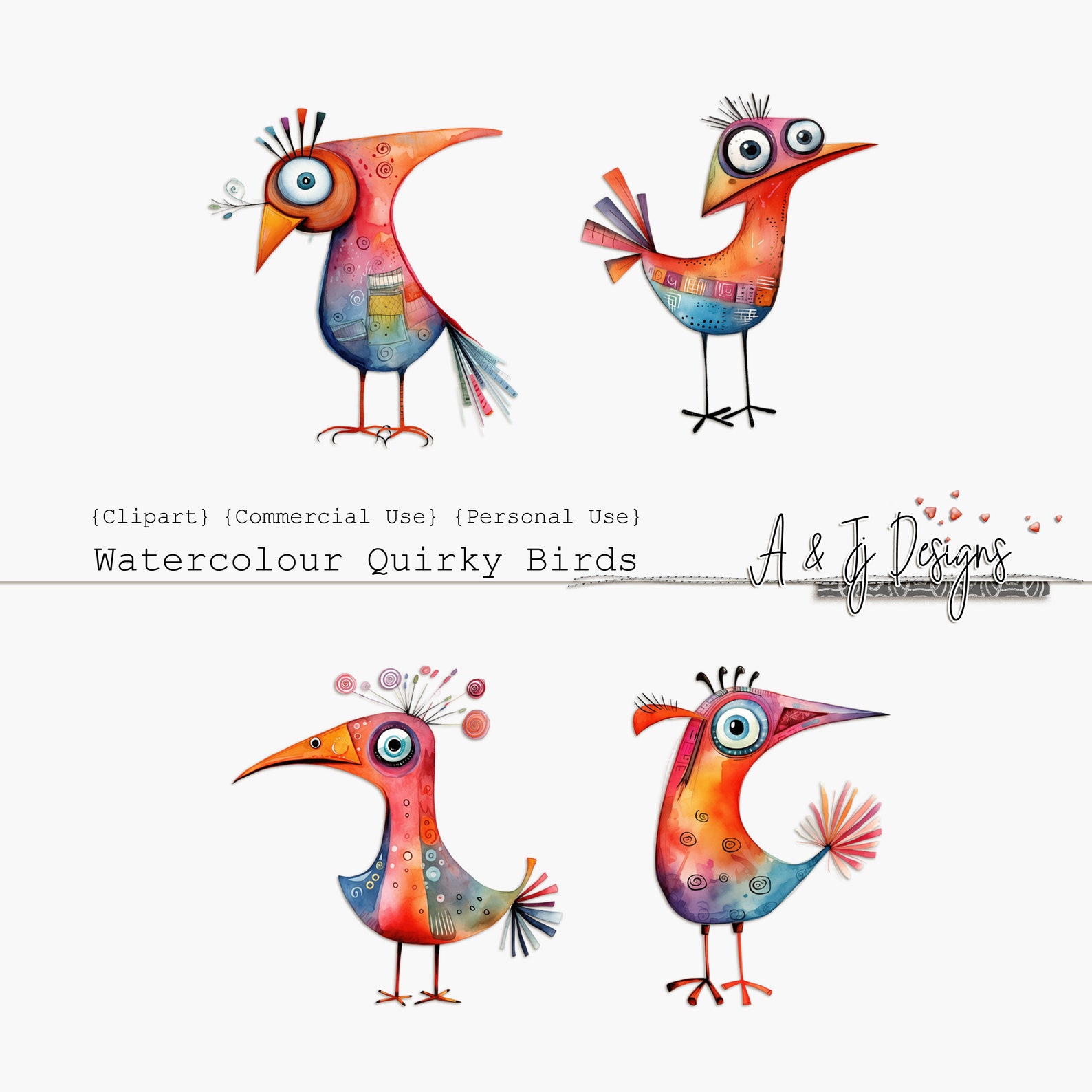Watercolour Quirky Birds, Clipart, CU, Printables, Junk Journals, Mixed ...