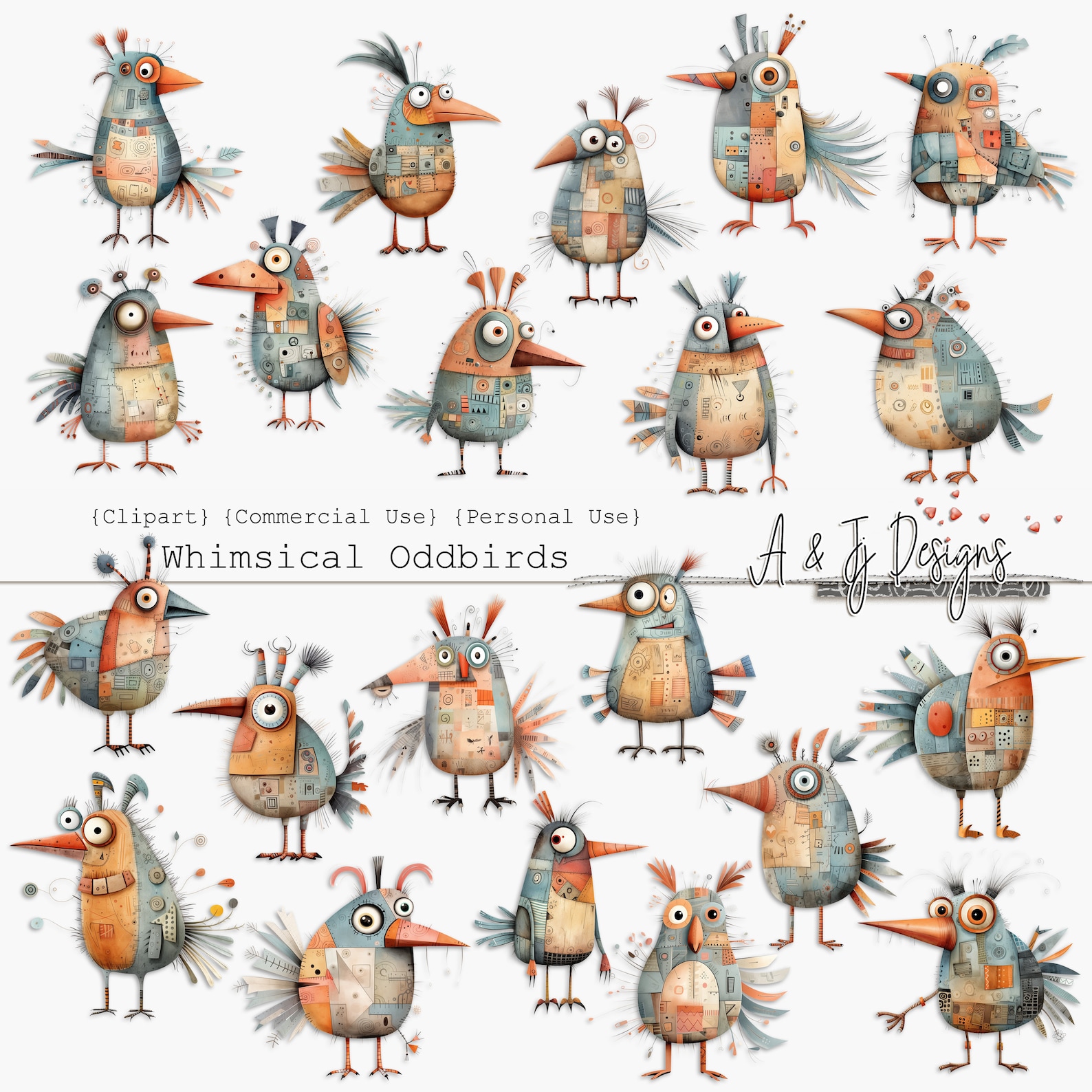 Whimsical Oddbirds, Clipart, CU, Printables, Junk Journals, Mixed Media ...