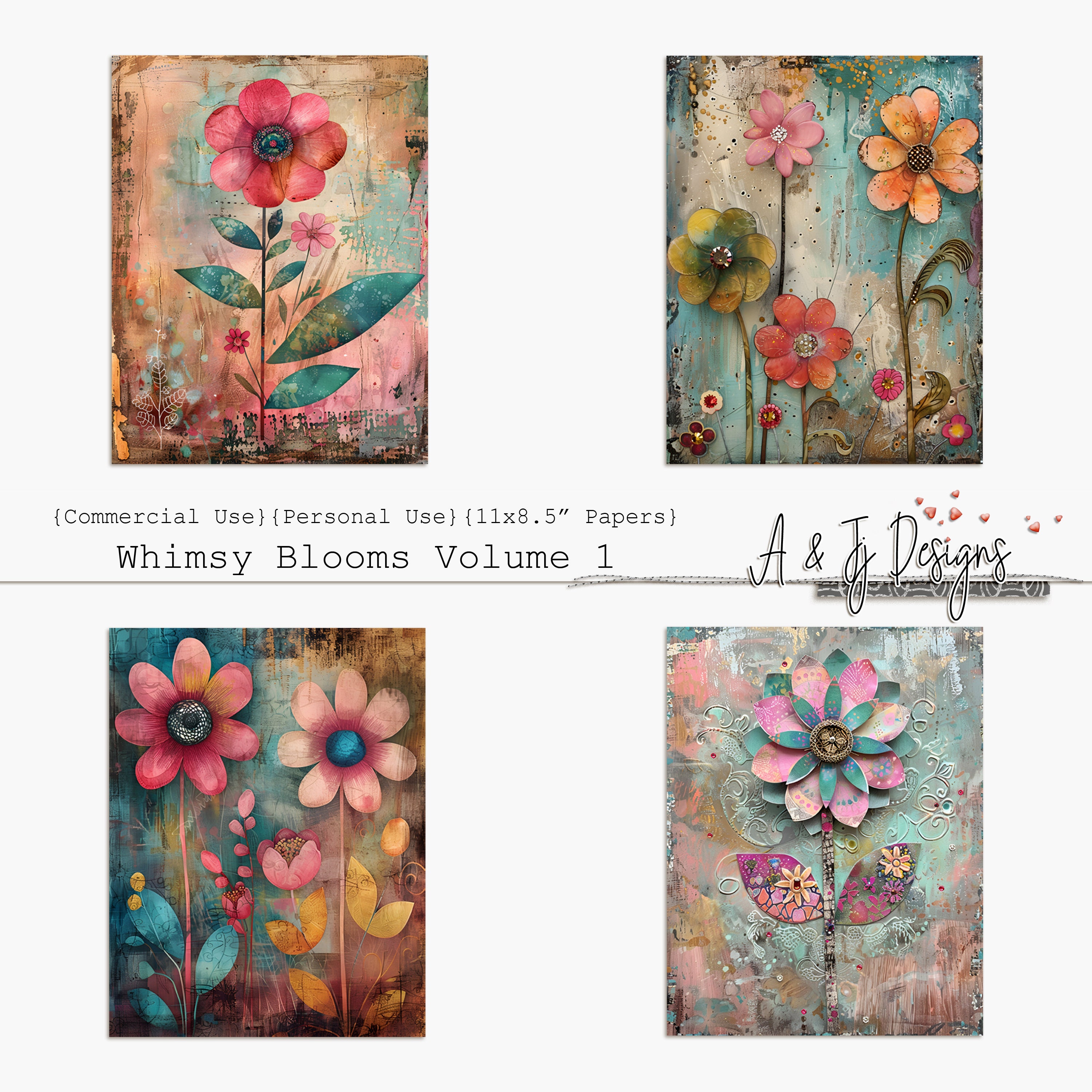 Whimsy Blooms Vol 1, CU, PU, Printable, Papers, JPG, Junk Journals, Scrapbooking, Mixed Media ...