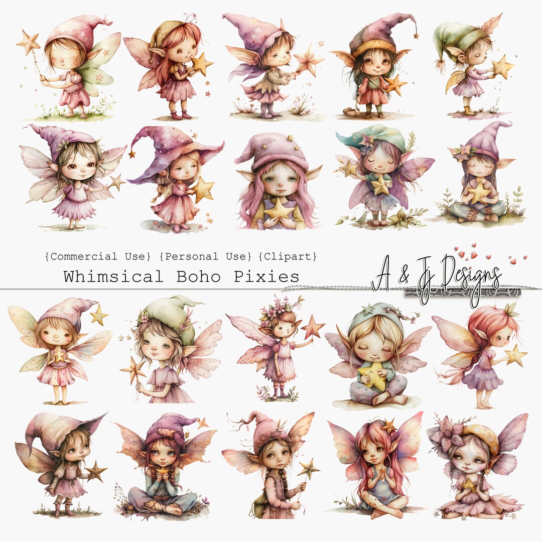 Whimsical Boho Pixies, CU, Clipart, Printable, PNG, Junk Journals ...