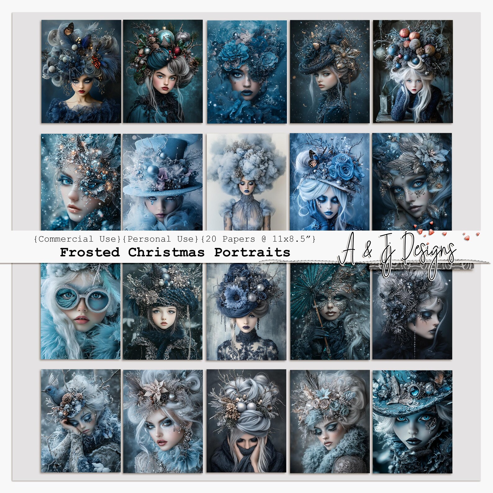 Frosted Christmas Portraits, Vintage Winter Digital Papers, Christmas ...