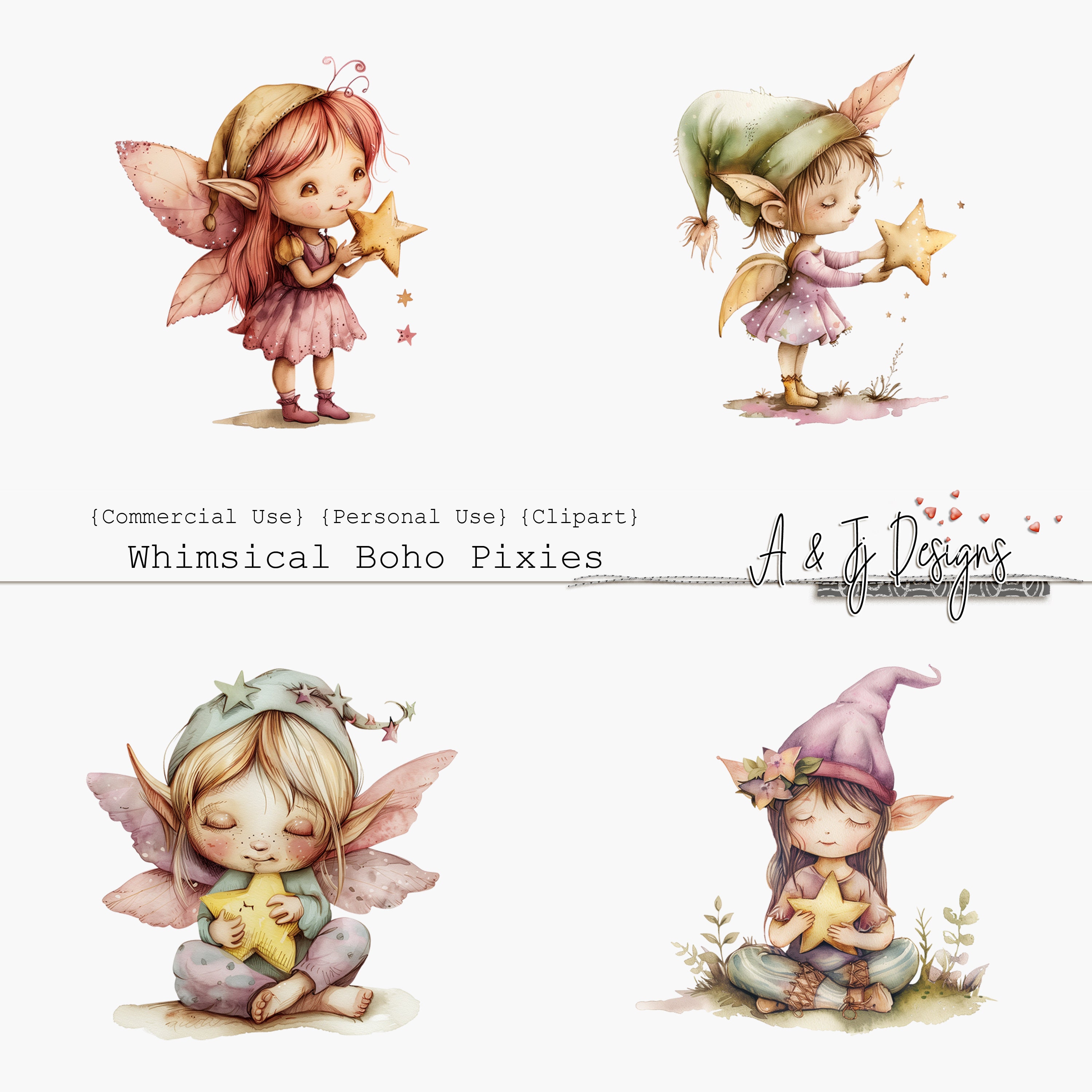 Whimsical Boho Pixies, CU, Clipart, Printable, PNG, Junk Journals ...