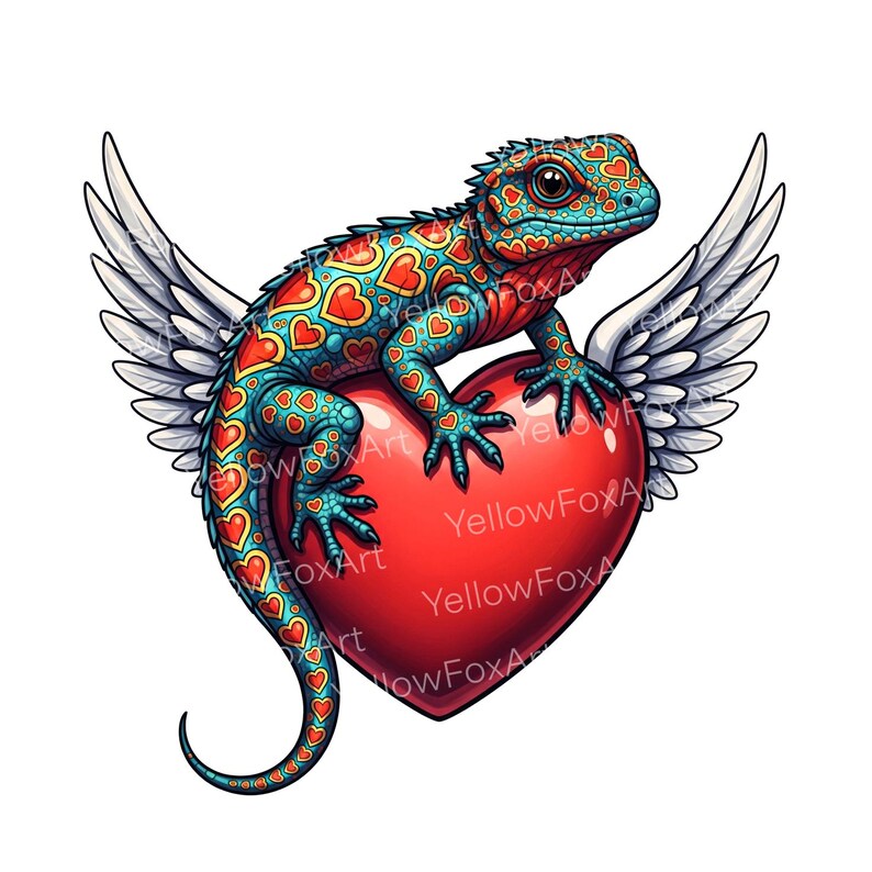 Valentine Gecko Clipart With Heart and Wings, Cute Lizard Illustration ...