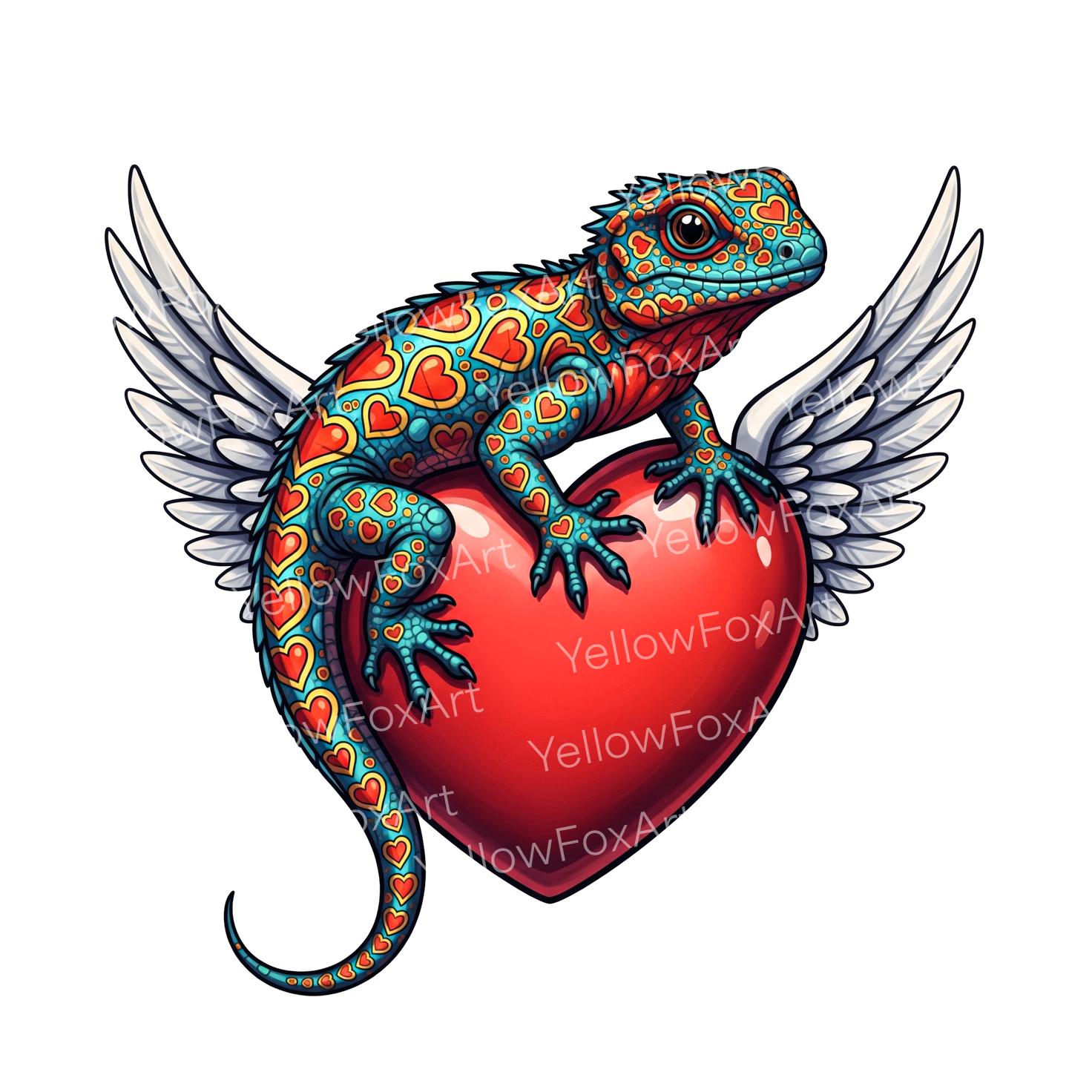 Valentine Gecko Clipart With Heart and Wings, Cute Lizard Illustration ...