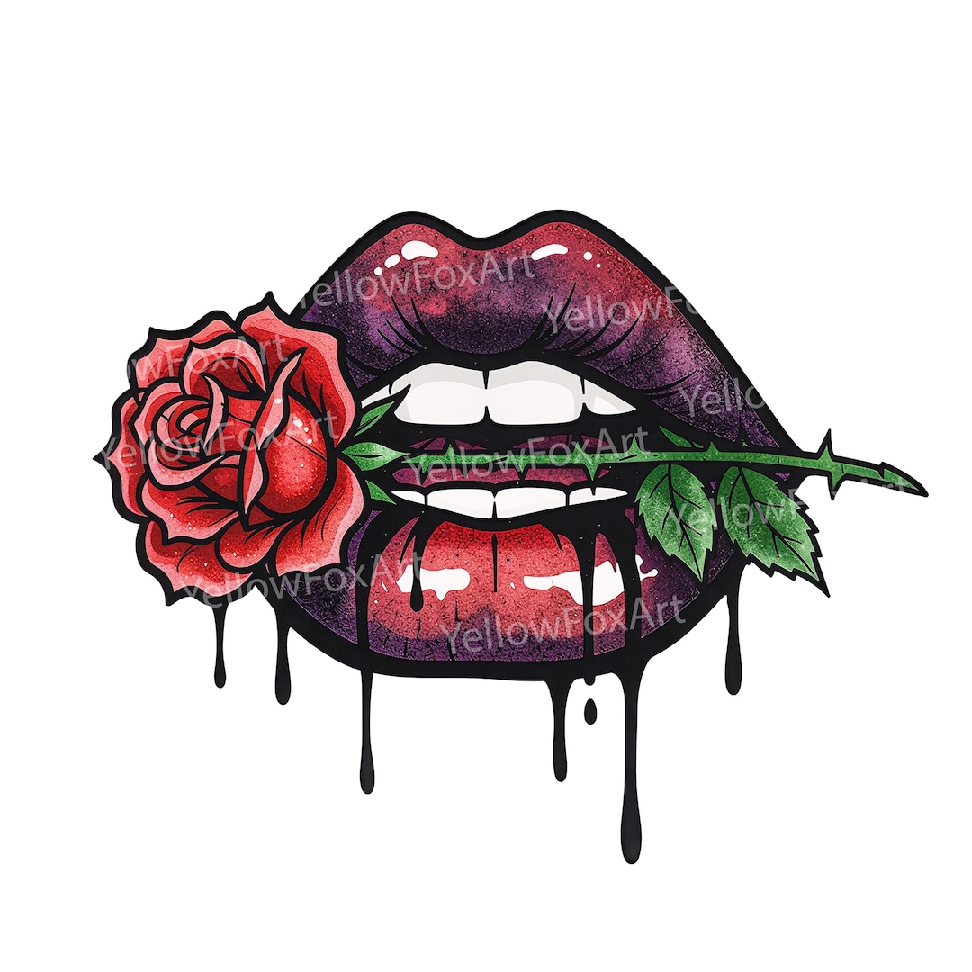 Gothic Lips With Red Rose Clipart, Dark Aesthetic Lips PNG for ...