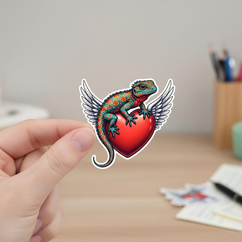 Valentine Gecko Clipart With Heart and Wings, Cute Lizard Illustration ...