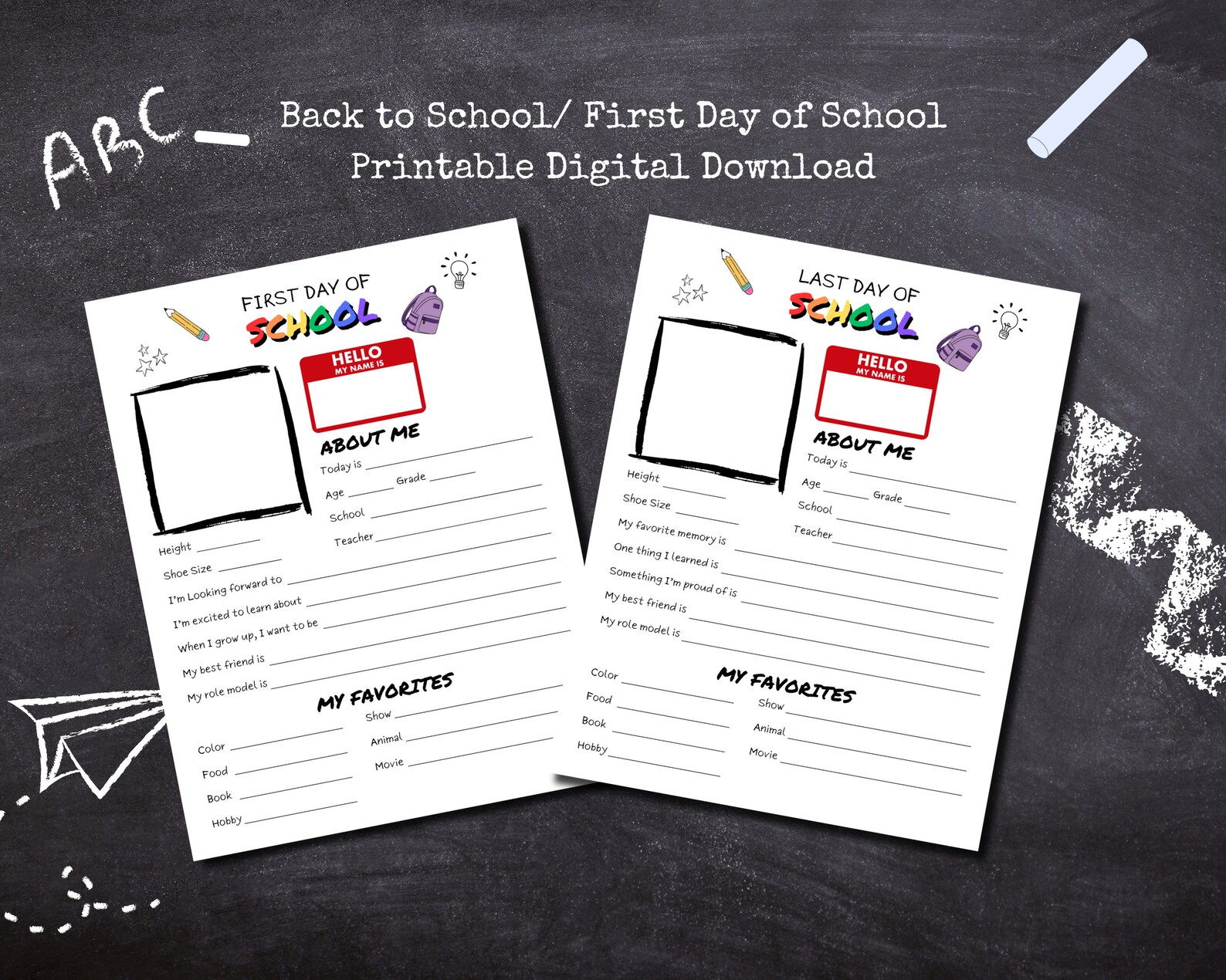 Back to School Printable Keepsake, First Day of School Worksheet, Last ...
