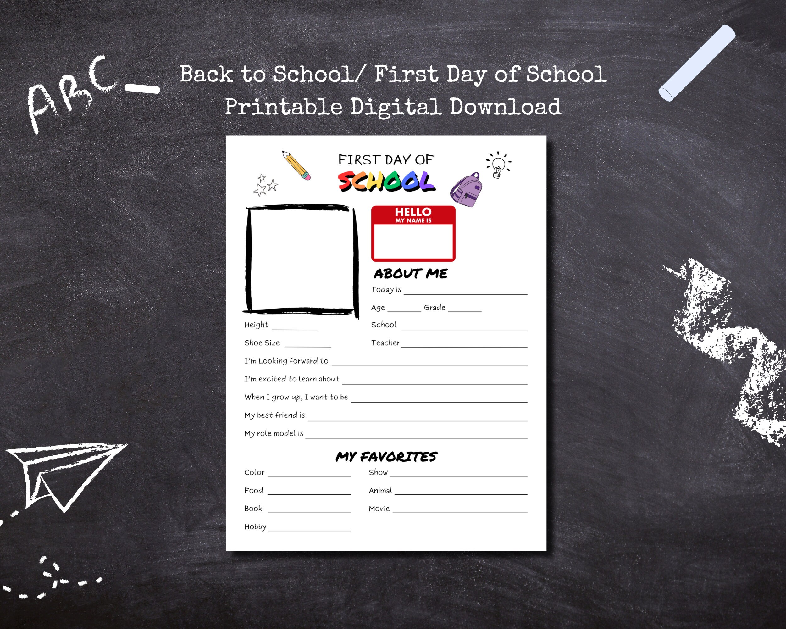 Back to School Printable Keepsake, First Day of School Worksheet, Last ...