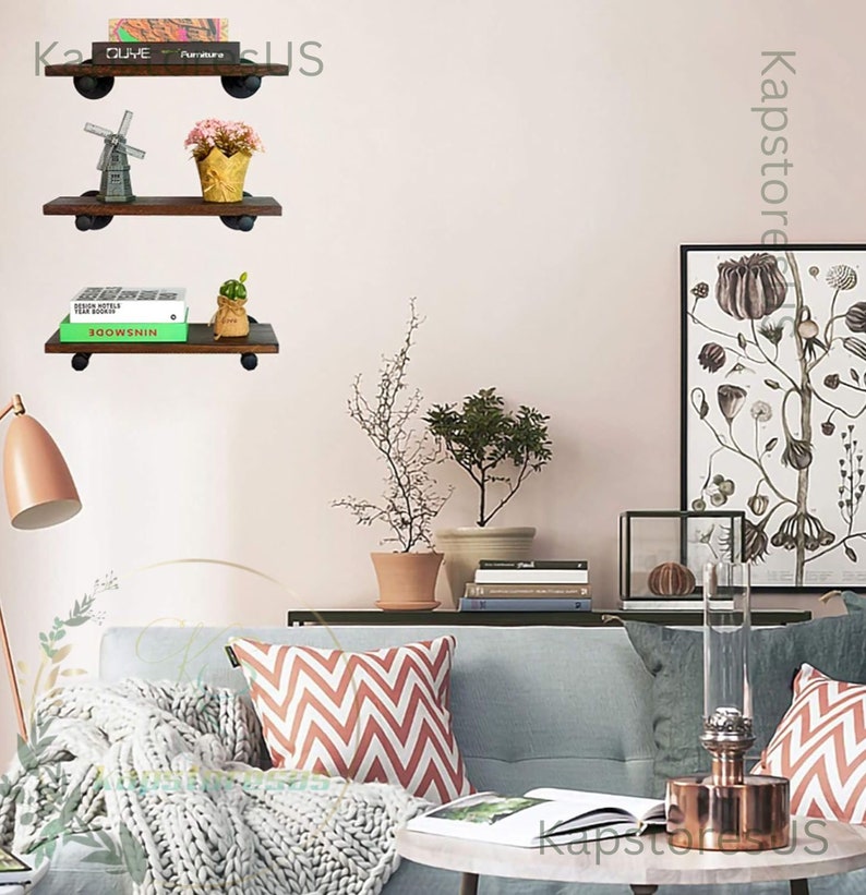 Rustic Wood Metal Floating Shelves Set Industrial Pipe Brackets 3 Tier ...