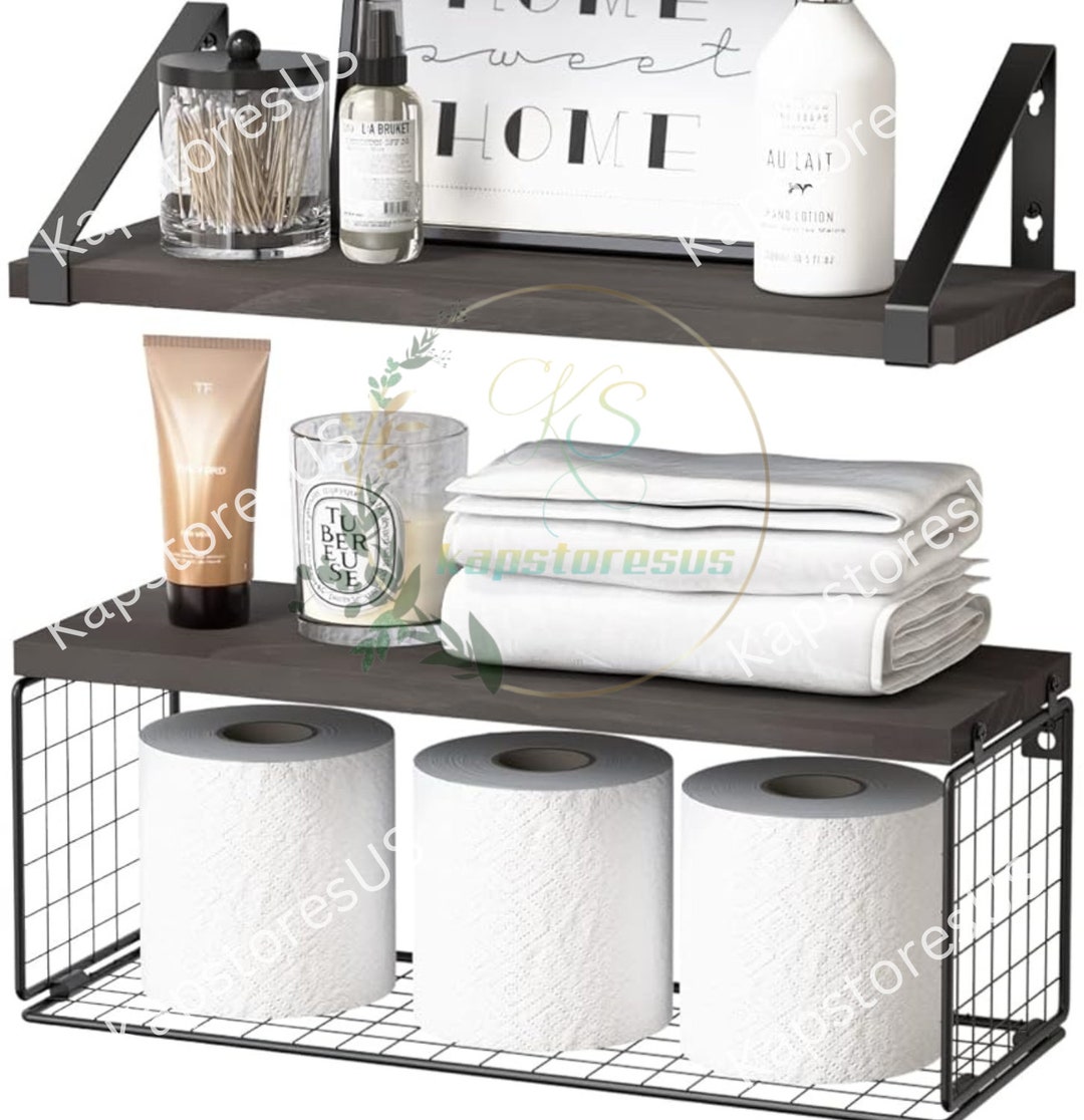 Wooden Floating Shelves With Basket Storage for Bathroom Wall Mounted ...