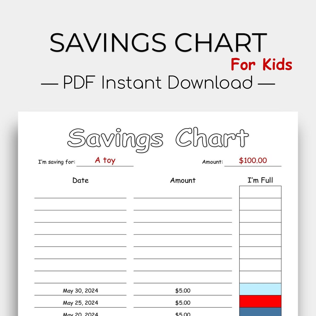 Savings Chart for Kids, Printable Savings Tracker, Savings List ...