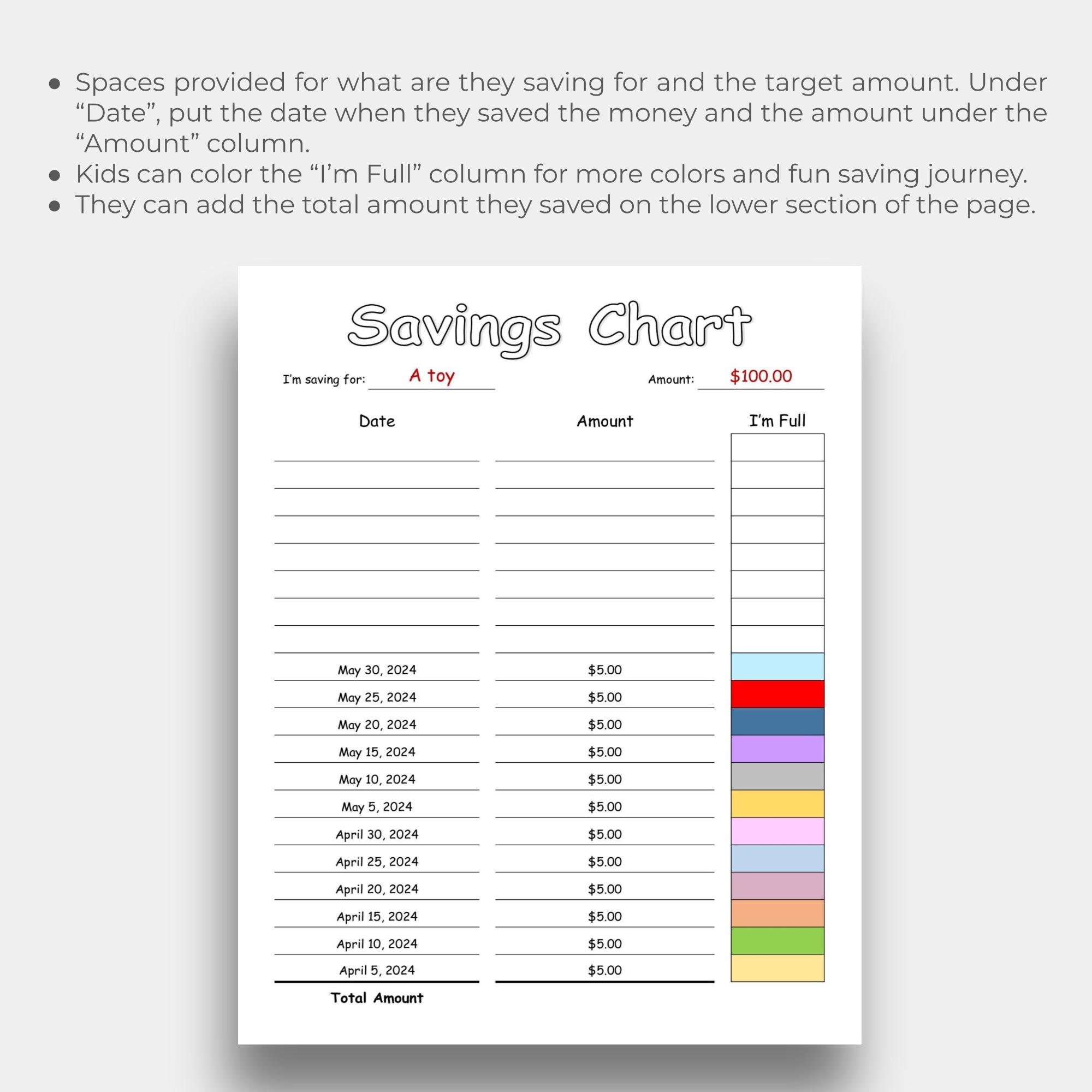 Savings Chart for Kids, Printable Savings Tracker, Savings List ...