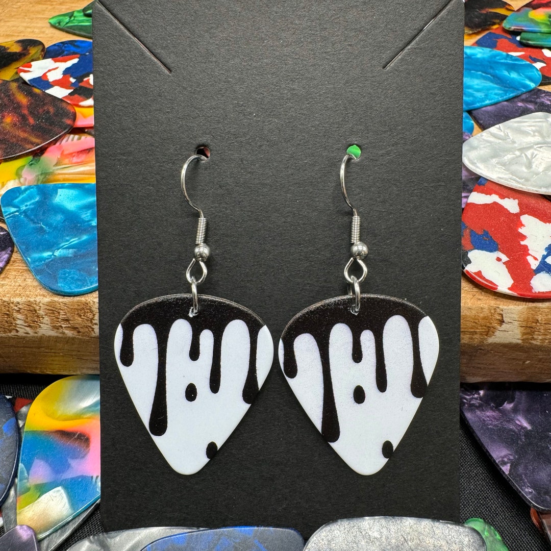 Black and White Dripping Paint Guitar Pick Earrings, Stainless Steel ...