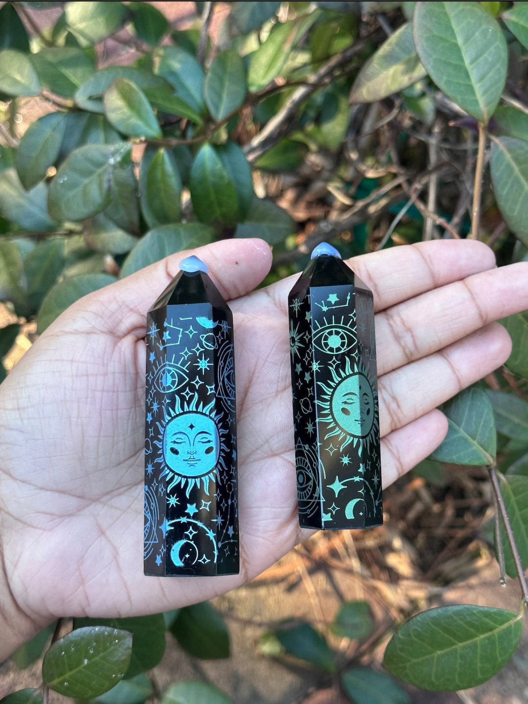 Black Obsidian Towers With Sun Star Engravings, Crystal Black Obsidian ...