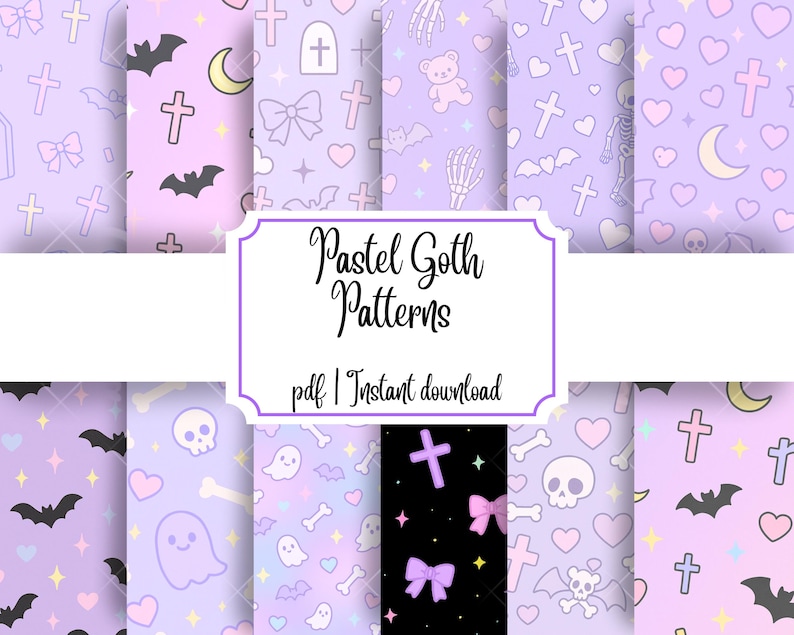 Pastel Goth Seamless Pattern Bundle – Kawaii Digital Prints With Skulls ...