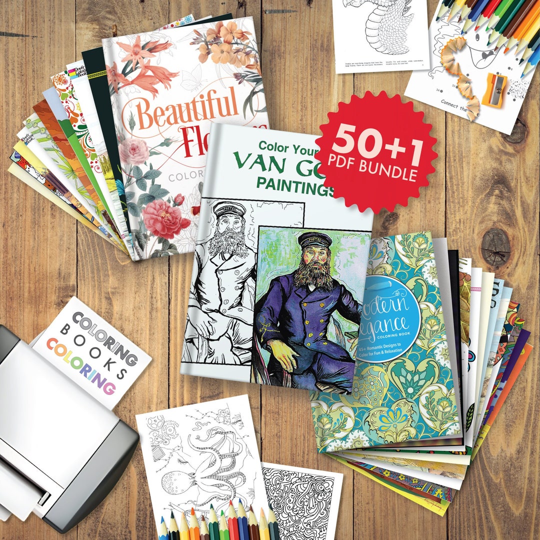 51 in 1 Printable Coloring Book Bundle, Stress Relief Art Coloring ...