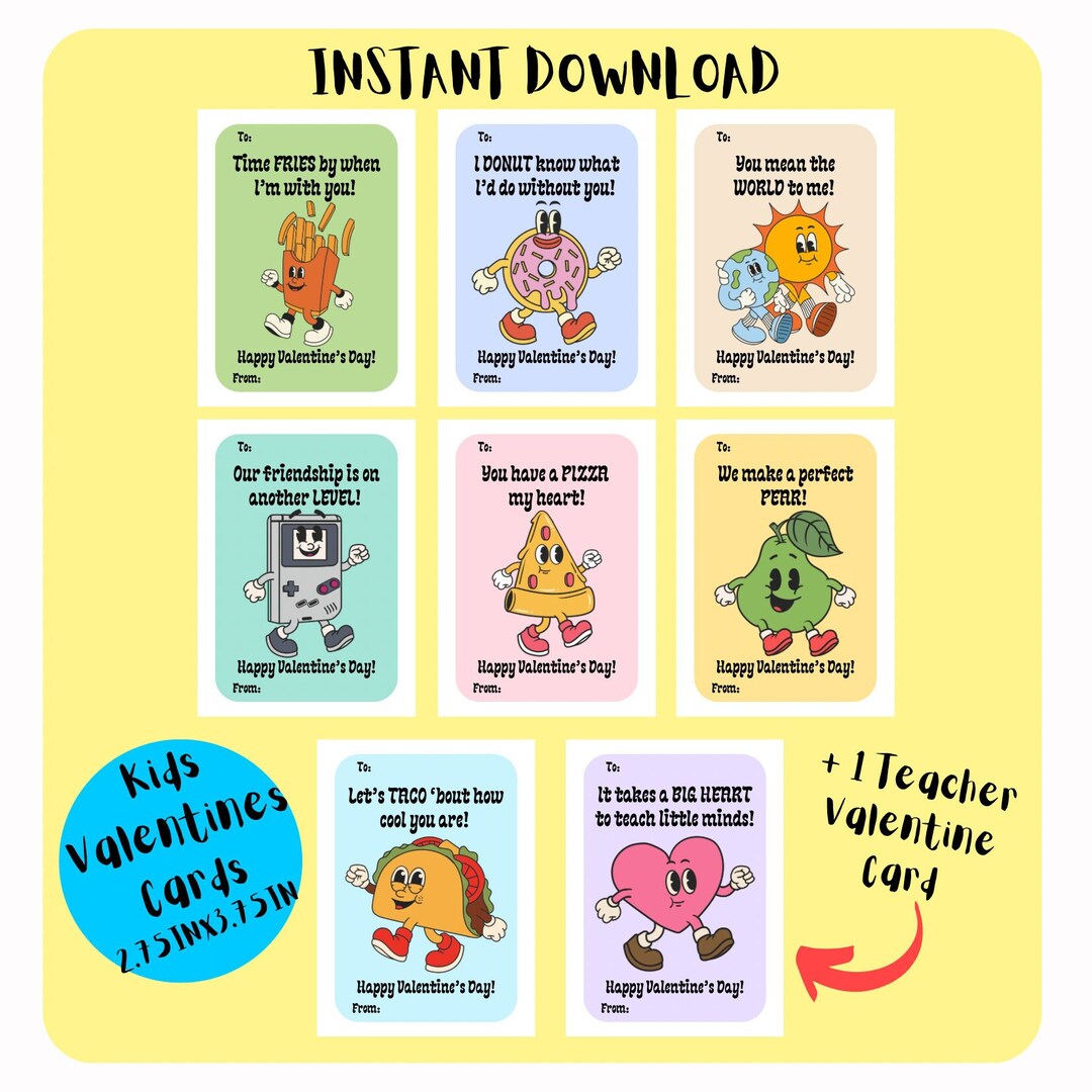 Retro Food Pun Valentines Day Cards for Kids | Instant Download ...