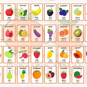 Fruits - English, Traditional Chinese & Pinyin Flash Cards - Etsy