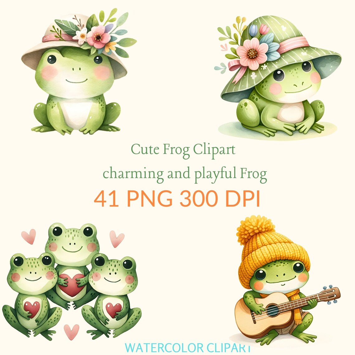 Watercolor Cute Frog Clipart, 41 PNG Charming and Playful Frog, Frog Designs, Instant Download ...