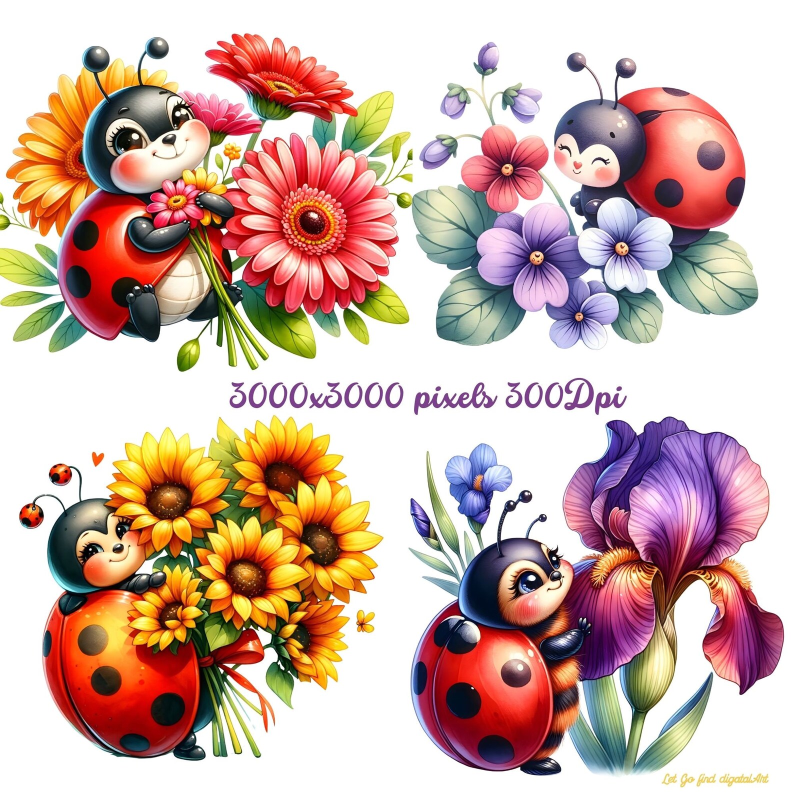 Ladybug Clipart, Watercolor 22 PNG, Ladybug With Flowers Valentine ...
