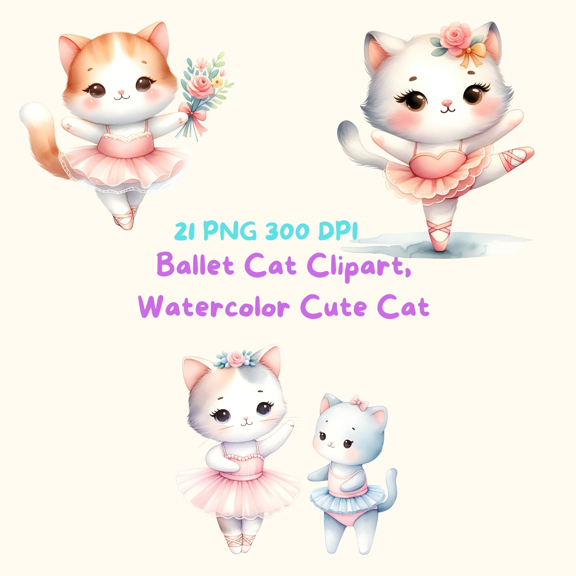 Ballet Cat Clipart, 21 PNG Watercolor Cute Cat Instant Download ...