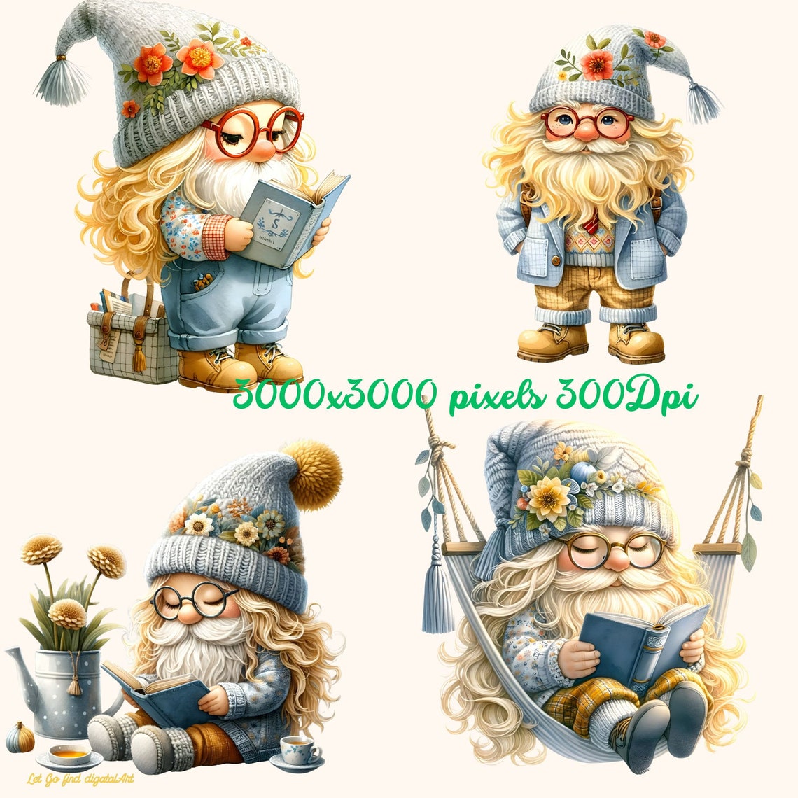 Gnome Book Clipart PNG, 20 Watercolor Gnome Reading Clip Art Librarian ...